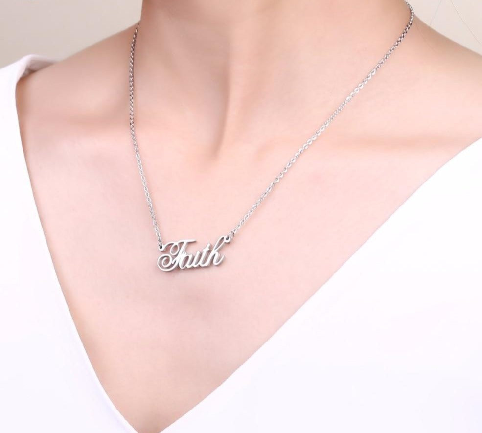 Personalized Stainless Steel Name Necklace W Cursive Nameplate